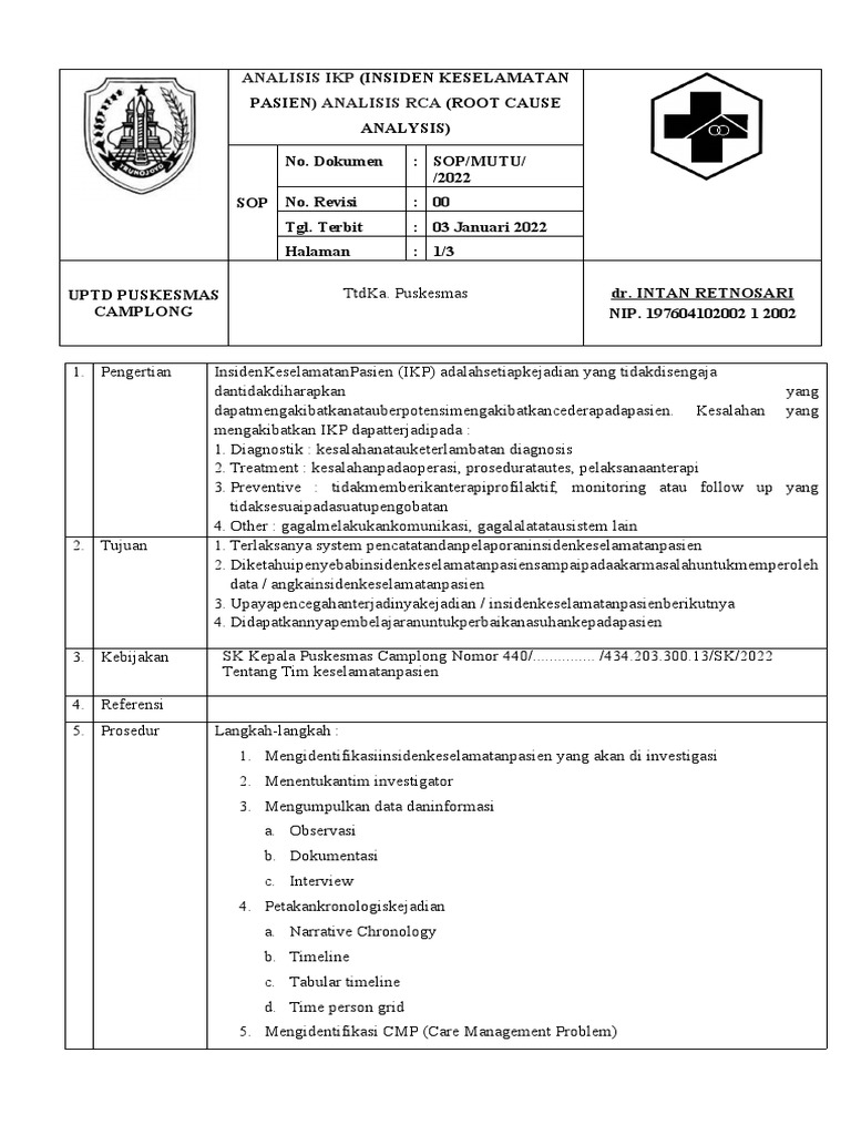 Sop Analisis Ikp (Insiden Keselamatan Pasien) Analisis Rca (Root Cause ...