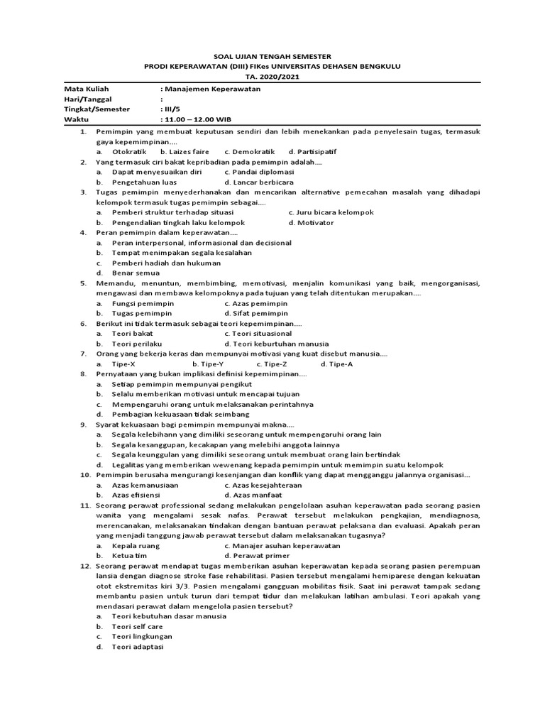 Soal Uts Manajemen Kep. 2022-2023 | PDF