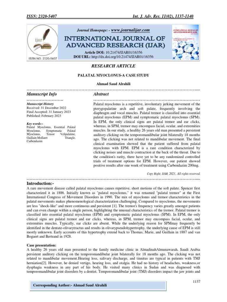 Treatment of Essential Palatal Myoclonus | PDF | Ear | Joint