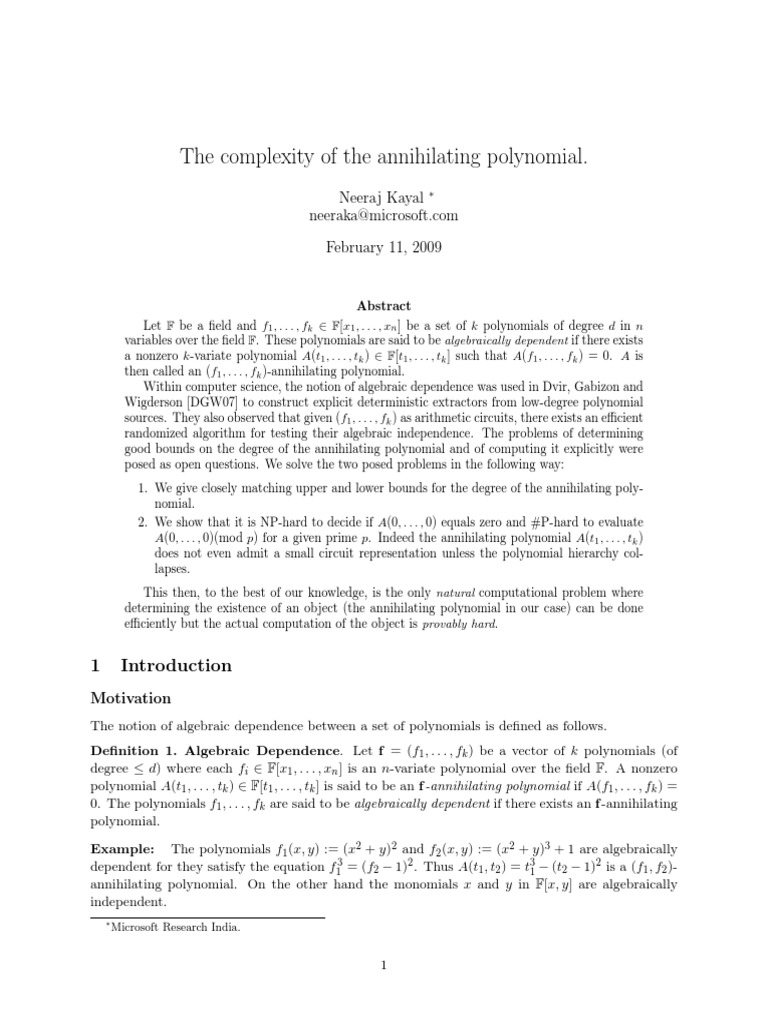 The Complexity of The Annihilating Polynomial. | PDF | Polynomial | Time Complexity