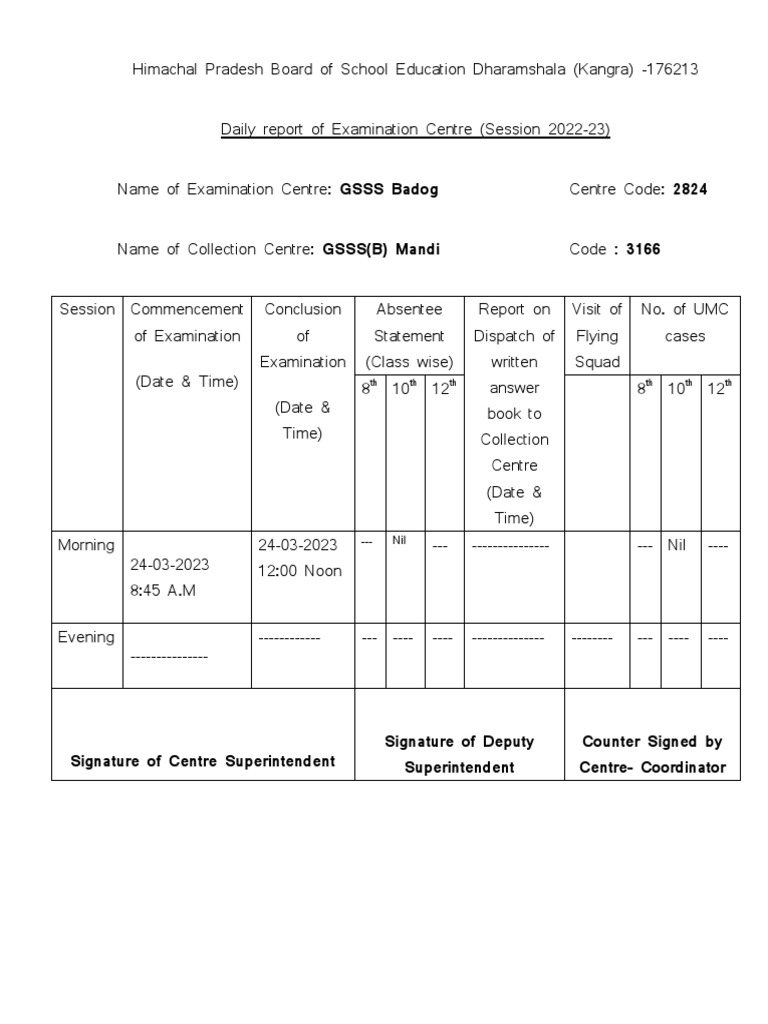 Daily Report Examination Centre | PDF