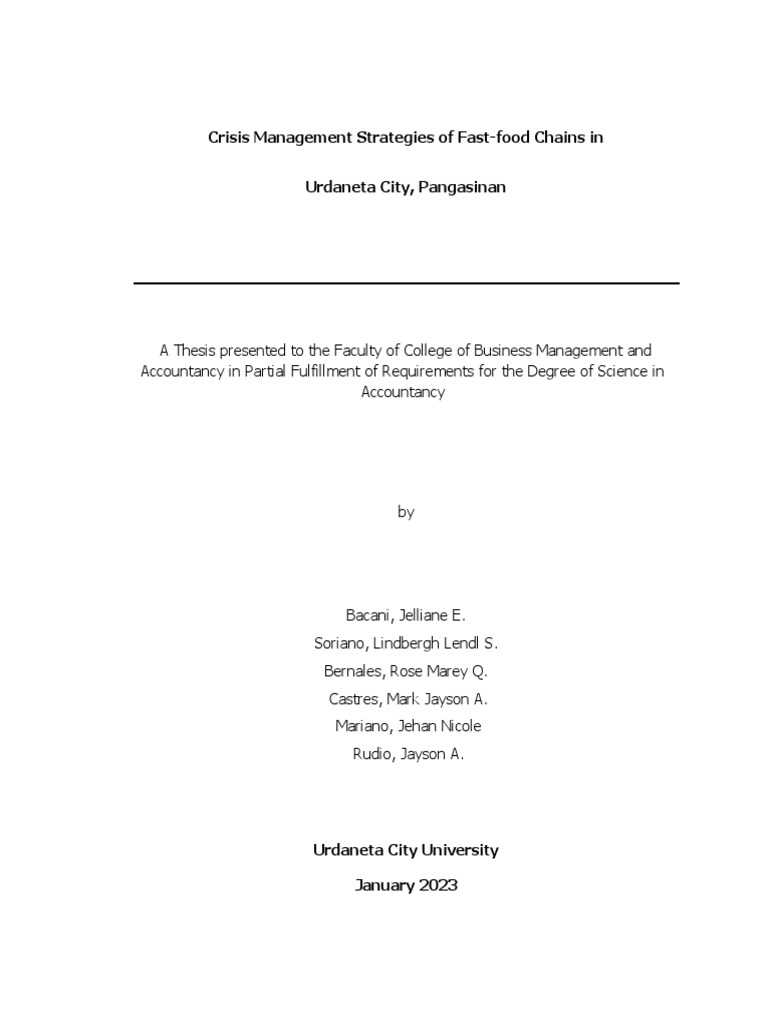 CRISIS MANAGEMENT STRATEGIES OF FAST FOOD CHAINS IN URDANETA CITY ...