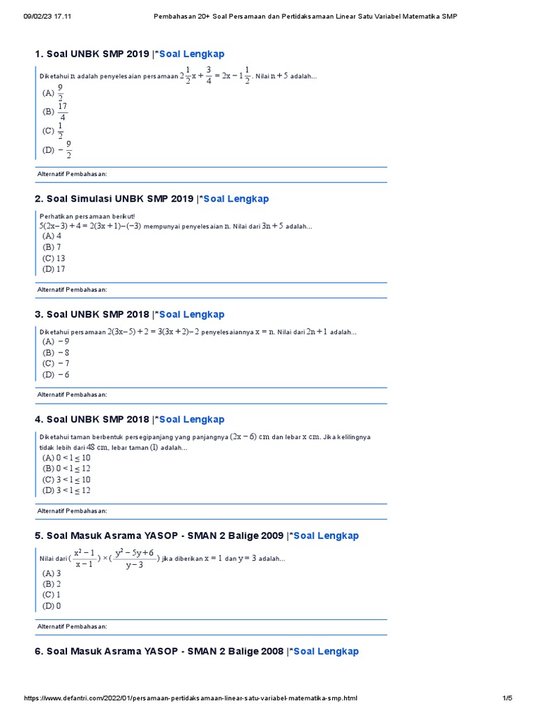 Pembahasan 20+ Soal Persamaan Dan Pertidaksamaan Linear Satu Variabel Matematika SMP | PDF