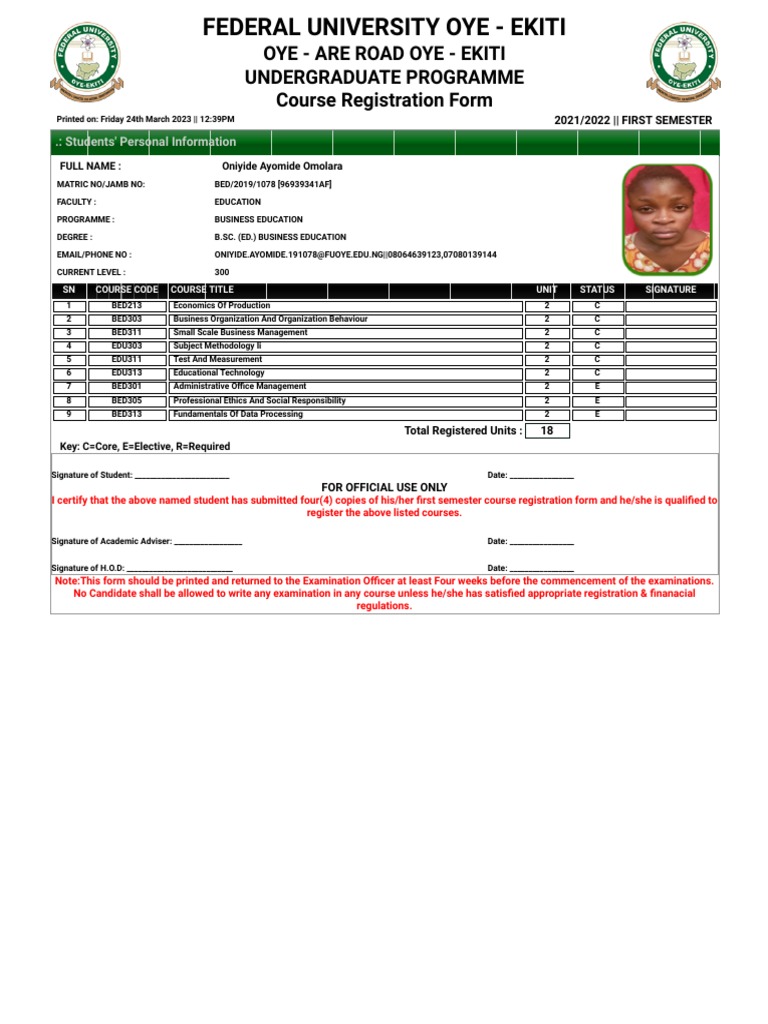 Course Registration Form - Oniyide Ayomide Omolara - FIRST Semester 2021 - 2022 PDF | PDF