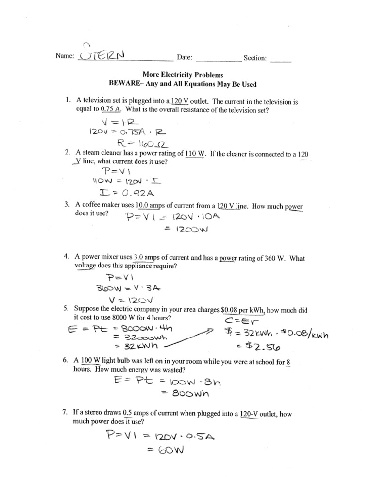 More Electricity Problems - ANSWERS | PDF