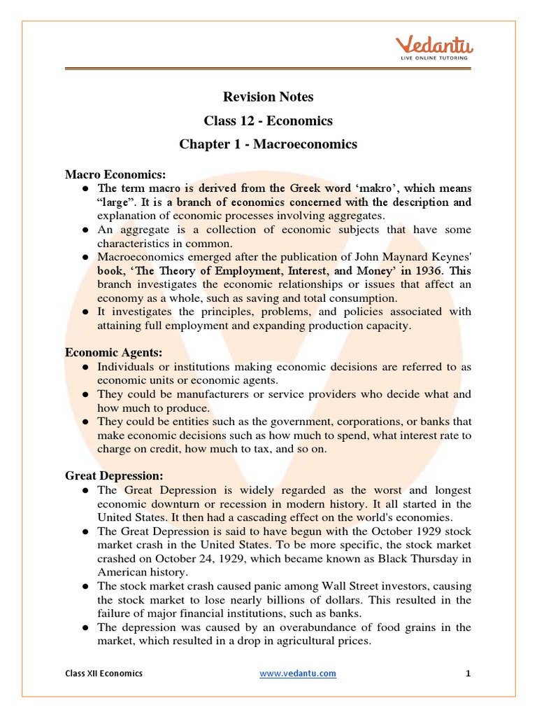 Class 12 Macro Economics Chapter 1 - Revision Notes | PDF ...