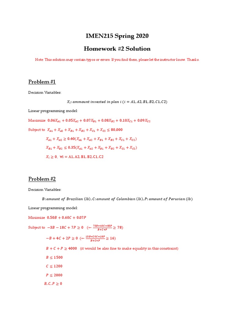 Homework 2 Solution Pdf Linear Programming Mathematics Of Computing 3138