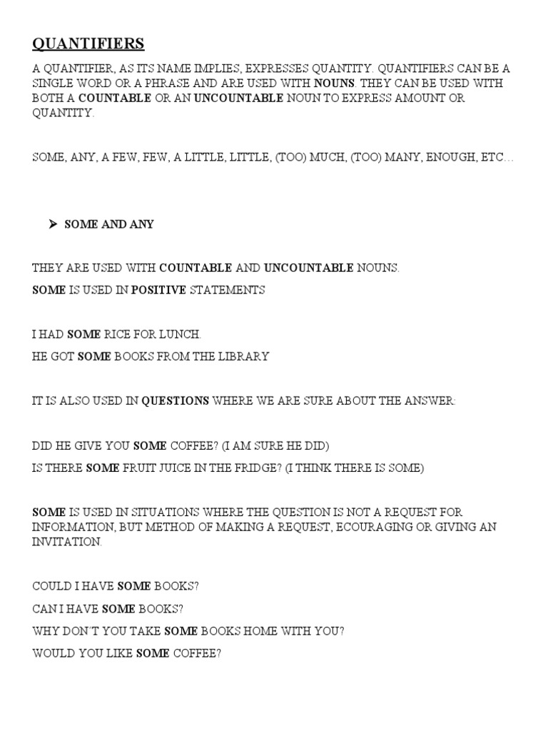 Quantifiers Explained | PDF | Noun | Quantity