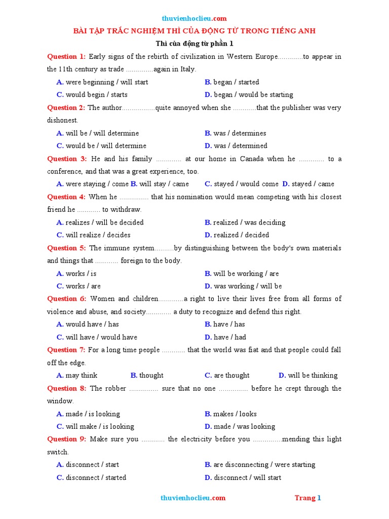Verb Tenses Practice Test with 40 Questions | PDF