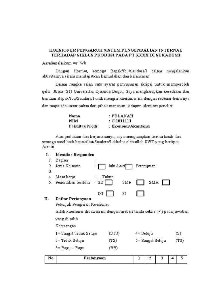 Contoh Data Penelitian Penyebaran Kuisioner 1 Pdf