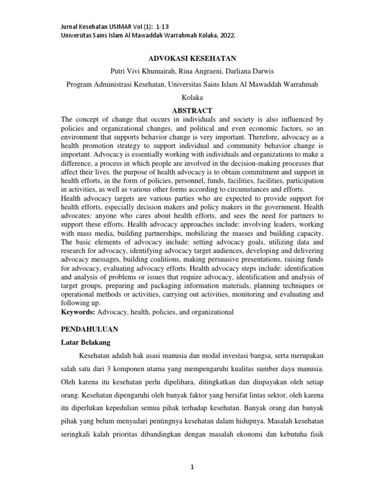 Advokasi Kesehatan: Jurnal Kesehatan USIMAR Vol (1) : 1-13 Universitas Sains Islam Al Mawaddah ...