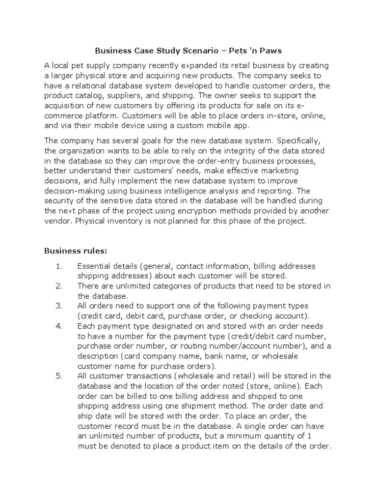 Business Case Study Scenario - Pets N Paws | PDF | Databases | Retail