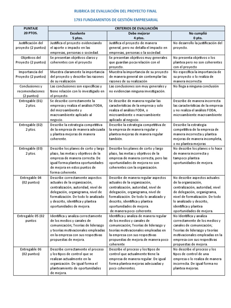 Rubrica de Evaluación Del Proyecto Final | PDF | Análisis FODA | Business