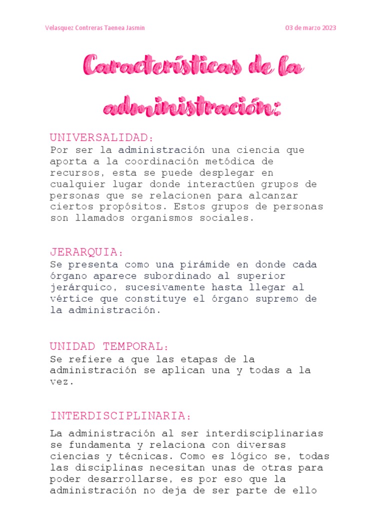 Características clave administración universalidad jerarquía unidad ...