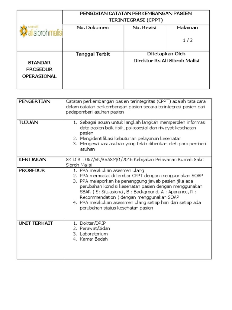 Spo Catatan Perkembangan Pasien Terintegrasi (CPPT) | PDF