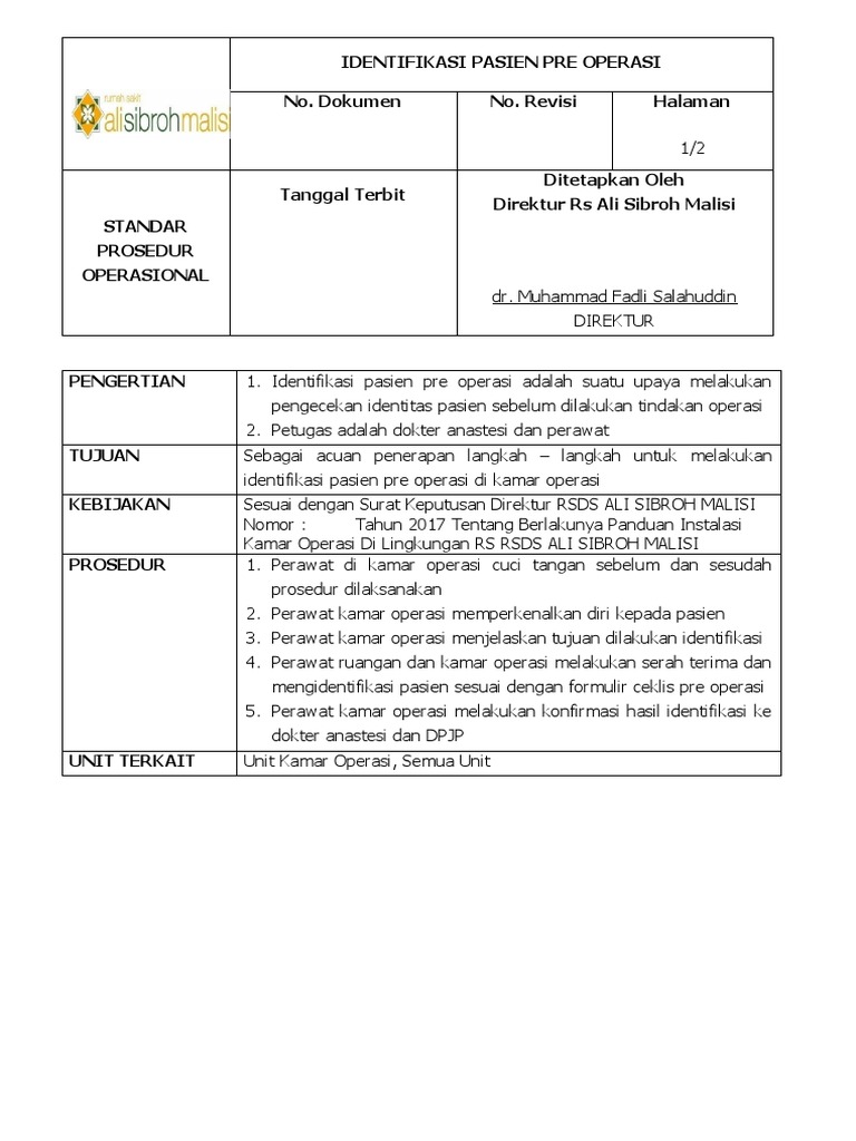 Spo Identifikasi Pasien Pre Operasi | PDF