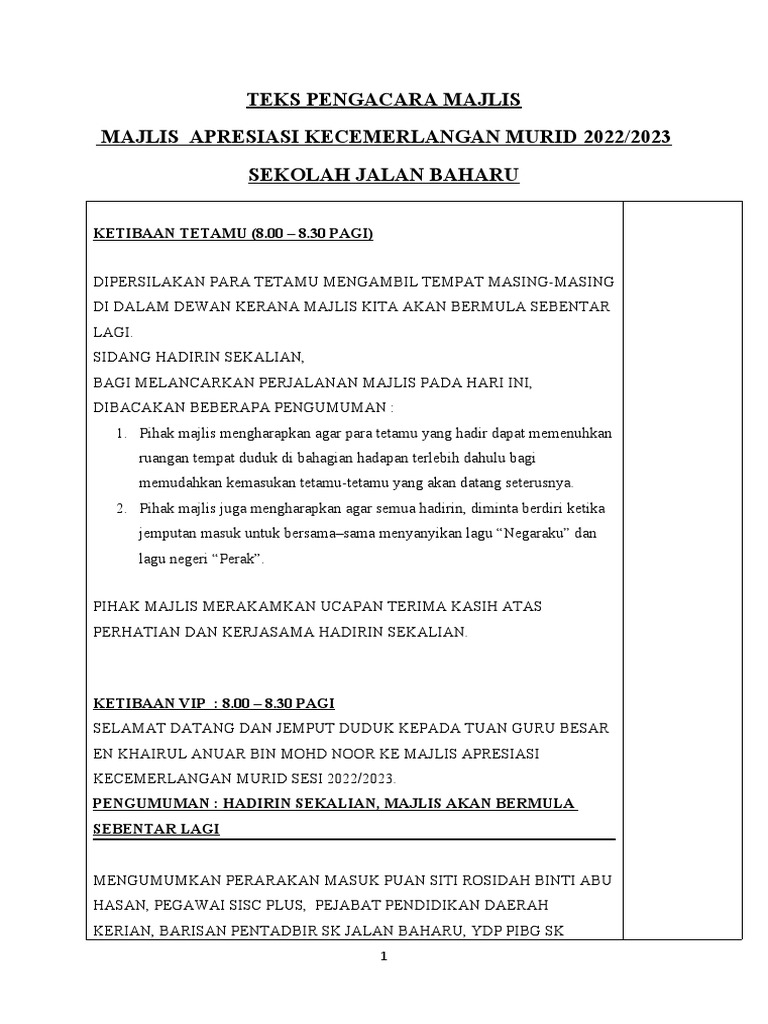 Teks Pengacara Majlis Apresiasi Sesi 2022 2023 | PDF