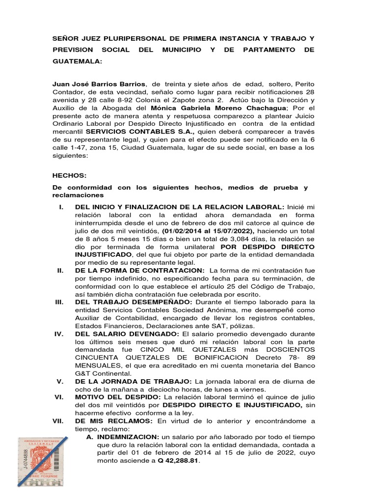 Demanda Laboral Redactada en Clase Corregida PDF | PDF | Daños y perjuicios | Salario