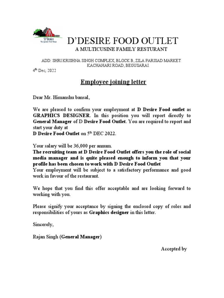 Joining Letter Head Chef | PDF
