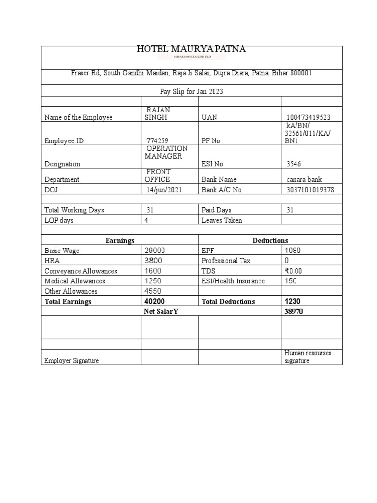 Salary Slip Format in Word | PDF