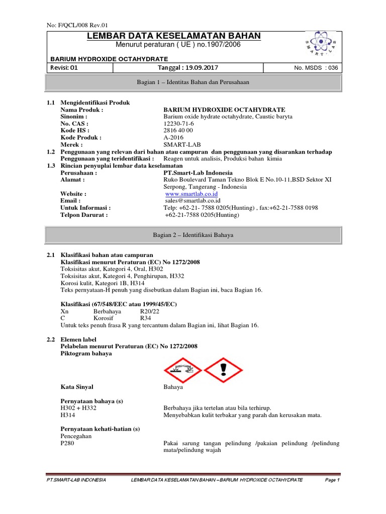 MSDS Barium Hydroxide Octahydrate (Indo) | PDF