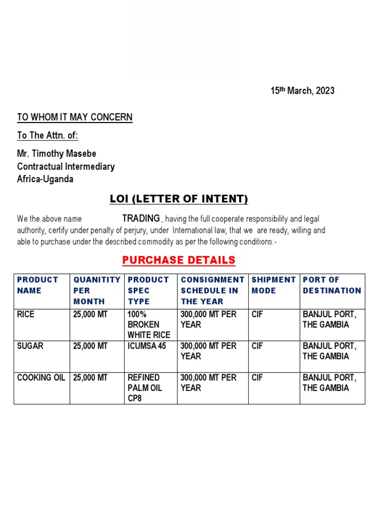 Letter of Intent for Commodity Purchase | PDF