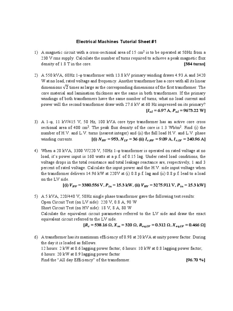 Machines Tutorial Sheet #1 | PDF | Transformer | Electric Power