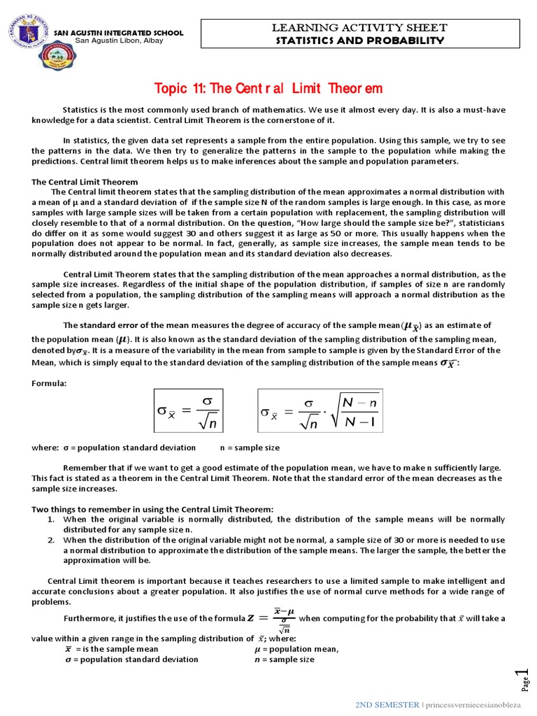 Topic 12 Central Limit Theorem.pdf | PDF | Normal Distribution ...