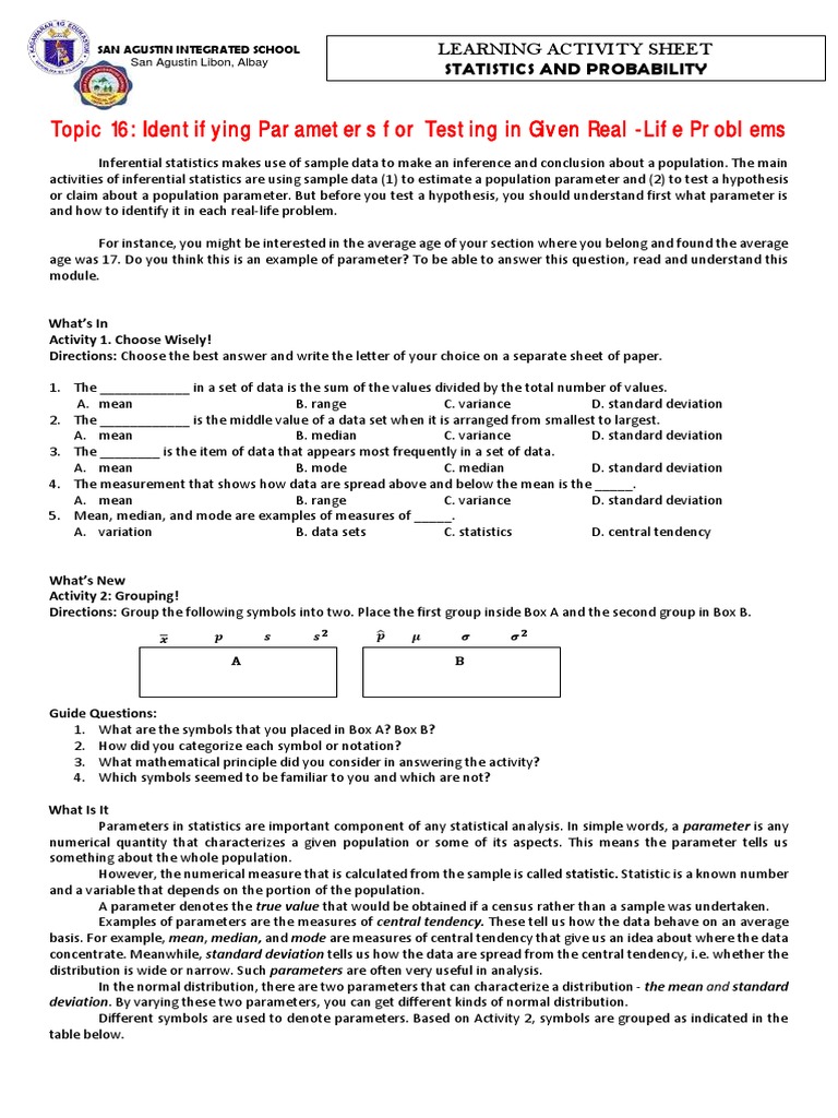 Topic 16 Identifying Parameters For Testing in Given Real-Life Problems ...