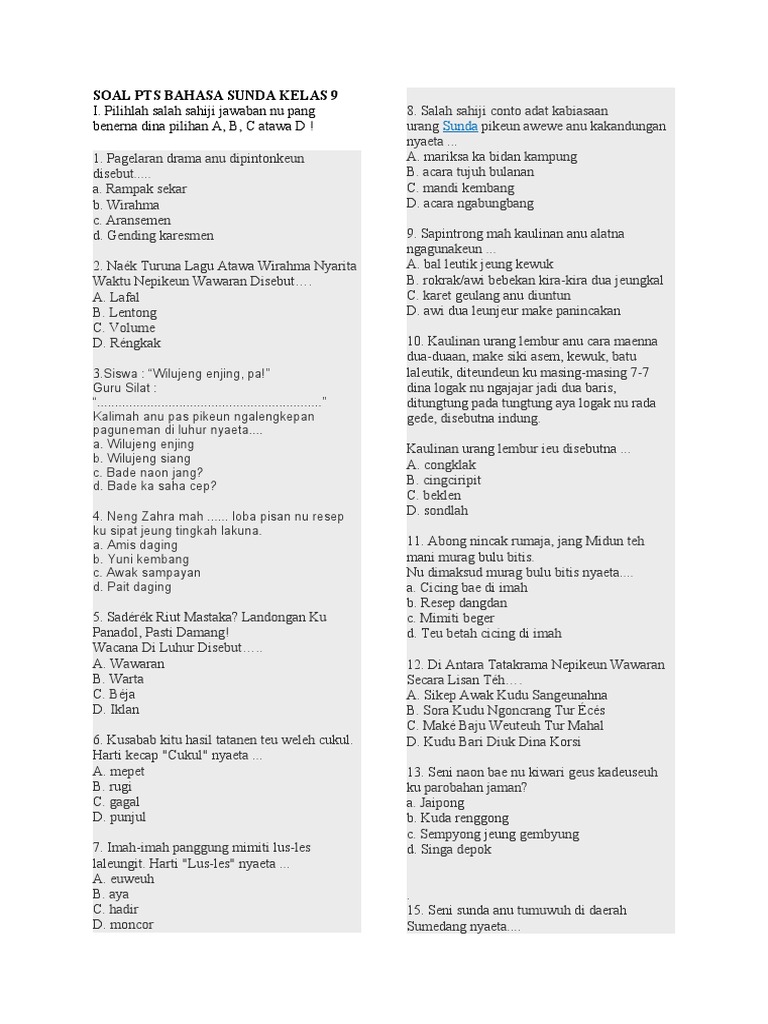 Soal PTS Bahasa Sunda Kelas 9 I | PDF