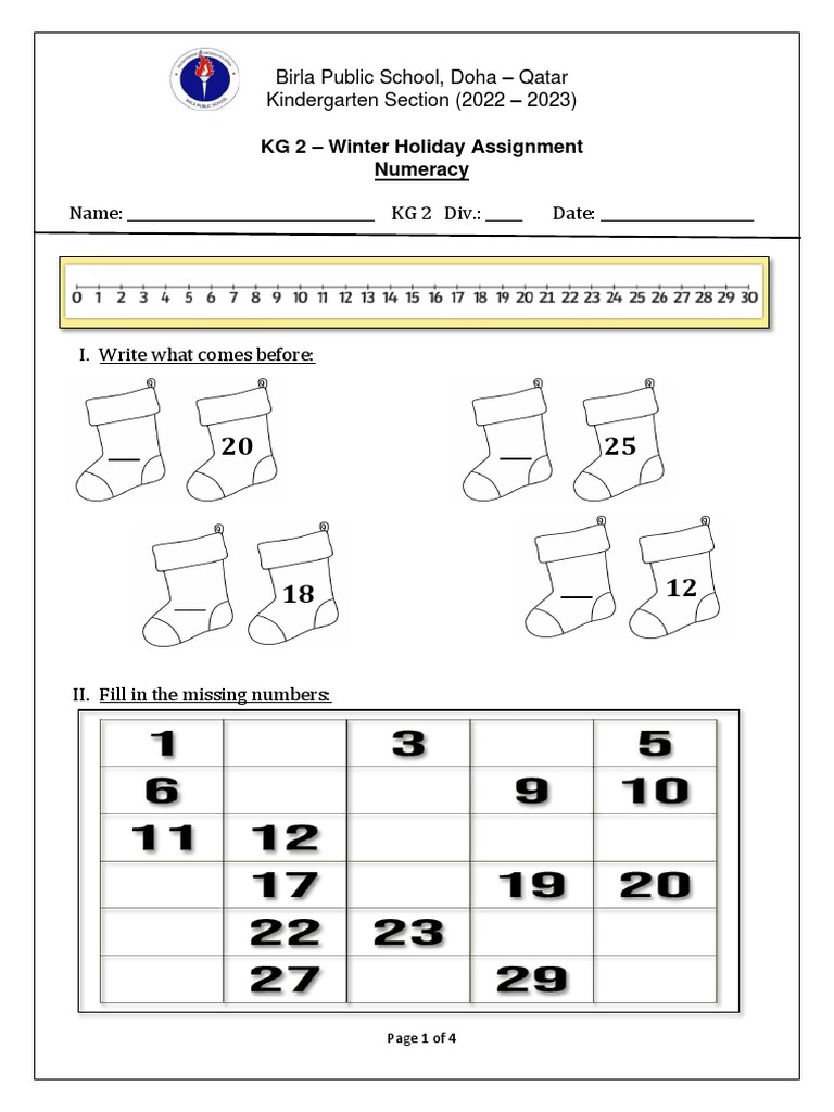 KG 2 - Numeracy Worksheet - Winter Holiday Assignment | PDF