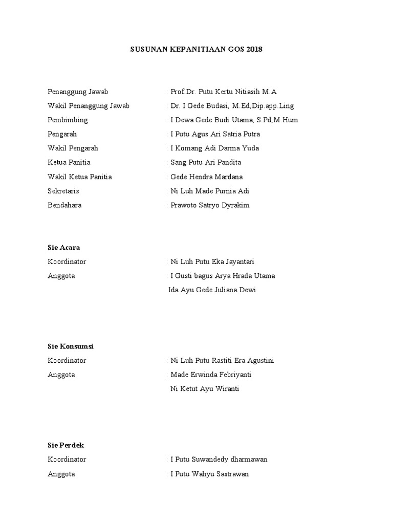 Susunan Kepanitiaan Gos 2018 | PDF