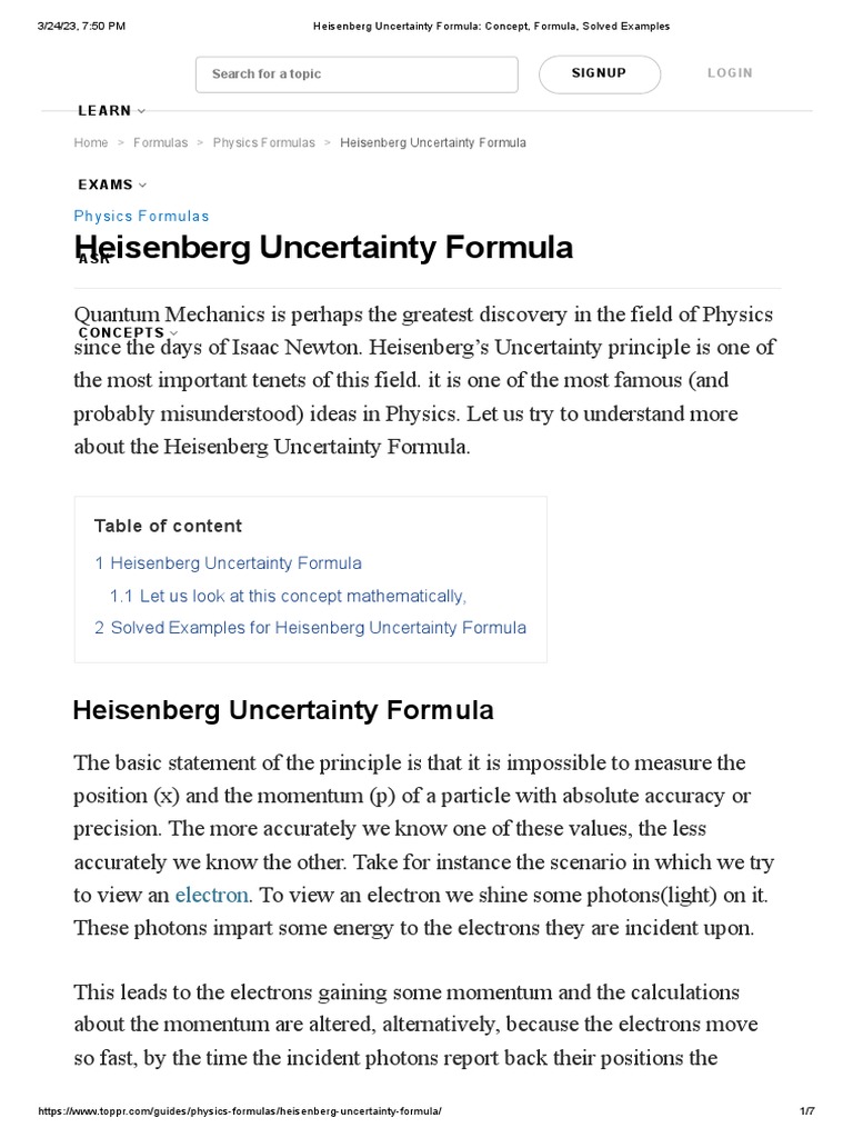 Heisenberg Uncertainty Formula - Concept, Formula, Solved Examples | PDF | Uncertainty Principle ...