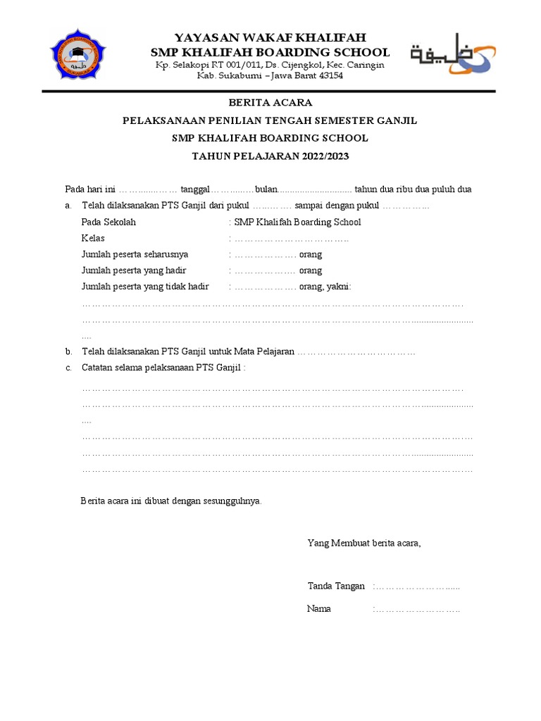 Berita Acara PTS SMP | PDF