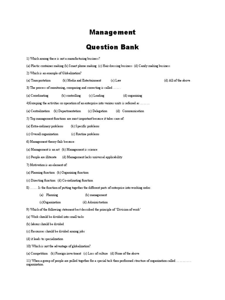 Management Question Bank | PDF | Employment | Economies