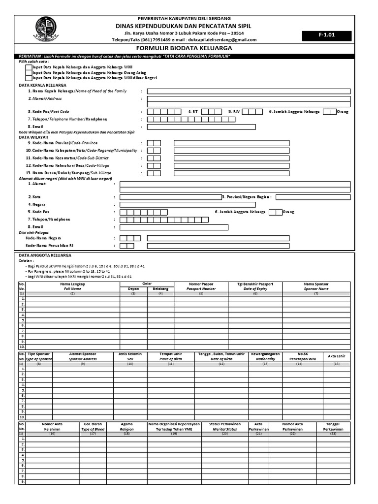 F-101 Formulir Biodata Keluarga | PDF