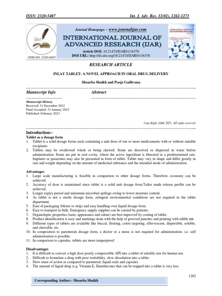 Inlay Tablet: A Novel Approach in Oral Drug Delivery | Download Free ...