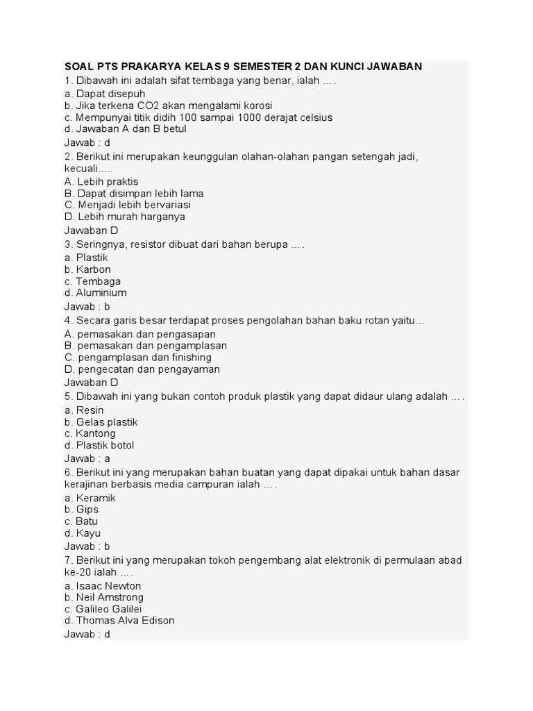 Soal PTS Prakarya Kelas 9 Semester 2 Dan Kunci Jawaban | PDF