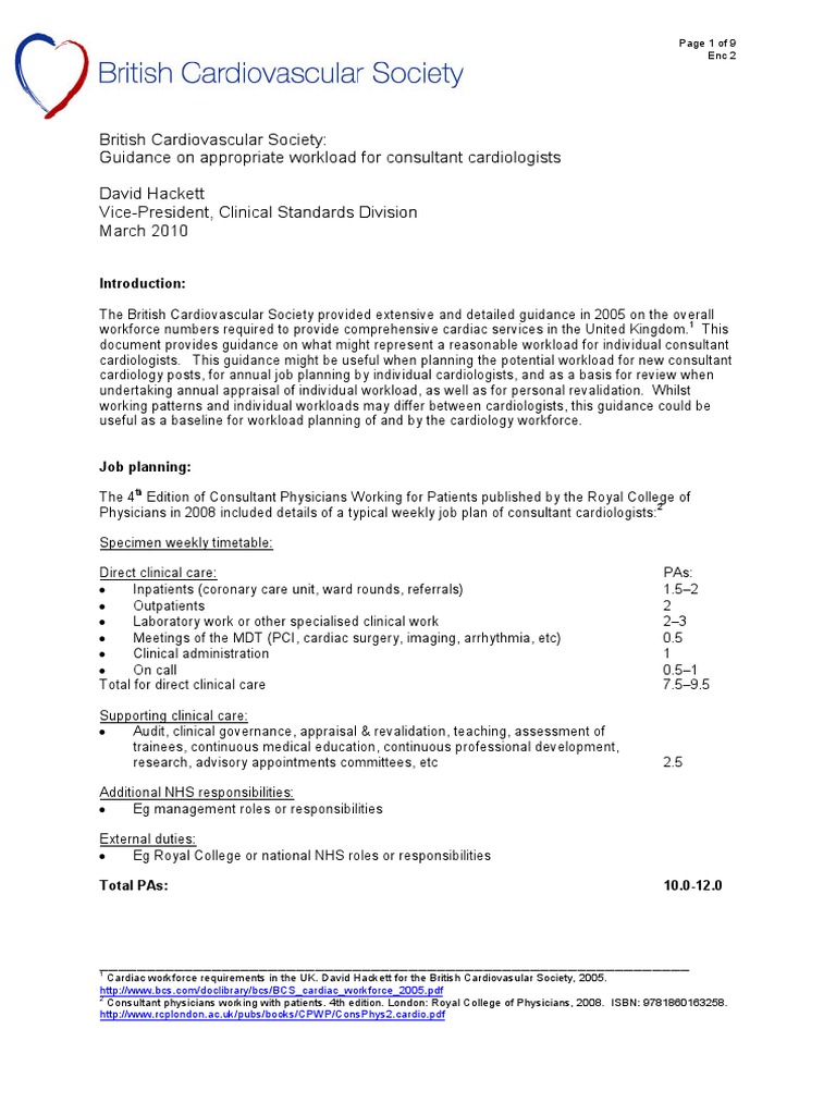 BCS Guidance On Workload For Cardiologists - Final March 2010 | PDF | Patient | Cardiology