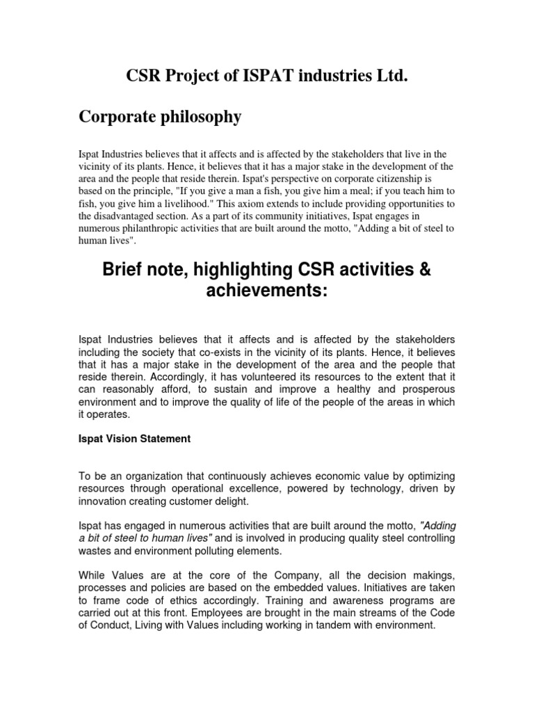 Ispat Industries' CSR Initiatives Overview | PDF | Corporate Social ...