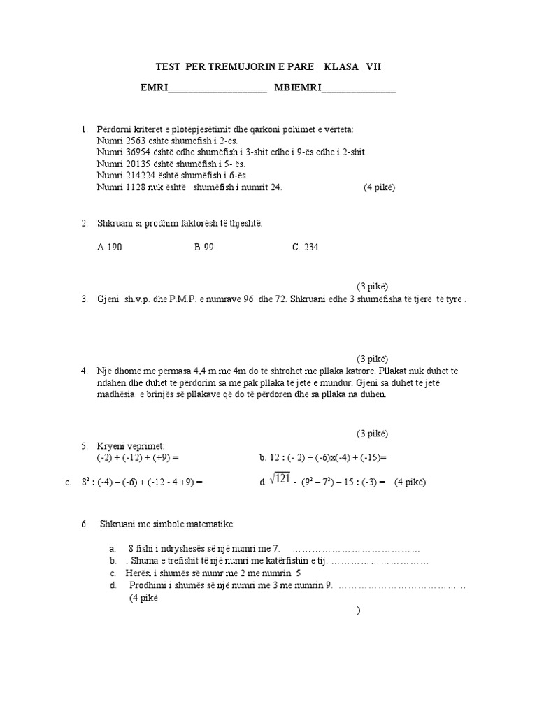 MATEMATIKA 7 Modele Testesh Sipas 3 Mujorëve | PDF