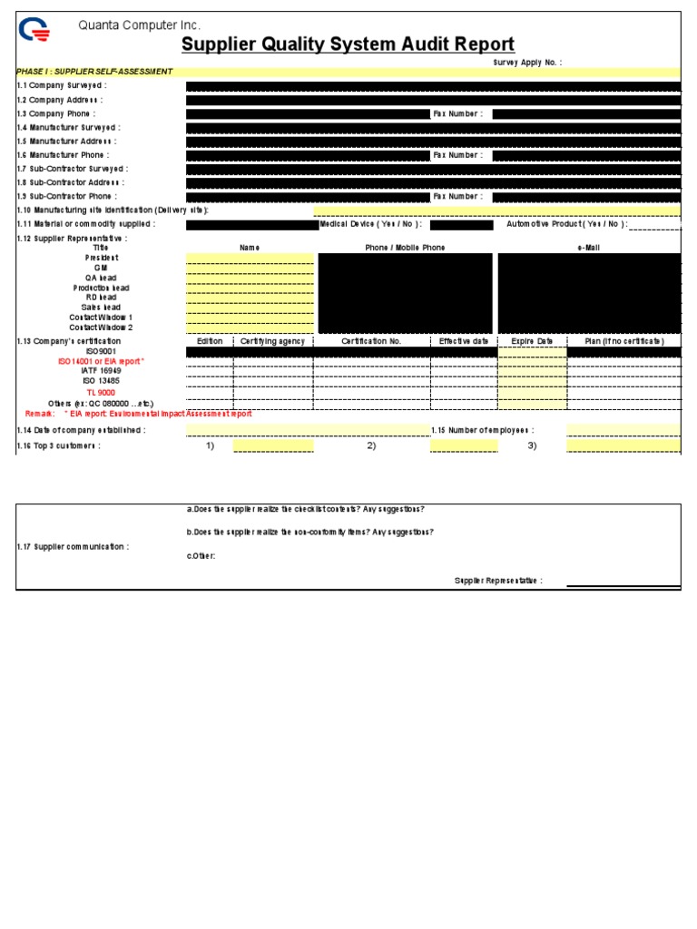 Supplier Quality System Audit Report: Quanta Computer Inc | PDF | Audit | Internal Audit