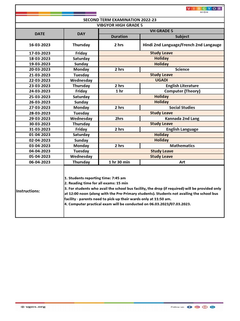 Annexure I. A. 3 - VH Grade 5 - Term 2 - Exam Timetable - Ay 2022 23 | PDF