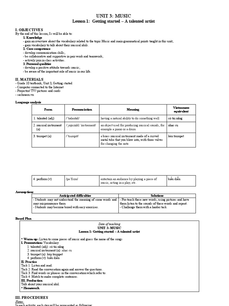 GA Tieng Anh 10 Global Unit 3 MUSIC | PDF | Stress (Linguistics) | Word