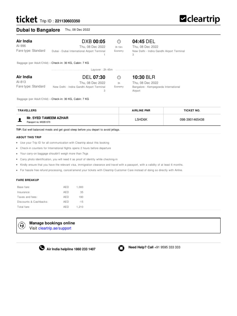 Cleartrip Flight E-Ticket | Download Free PDF | Aviation | Transport