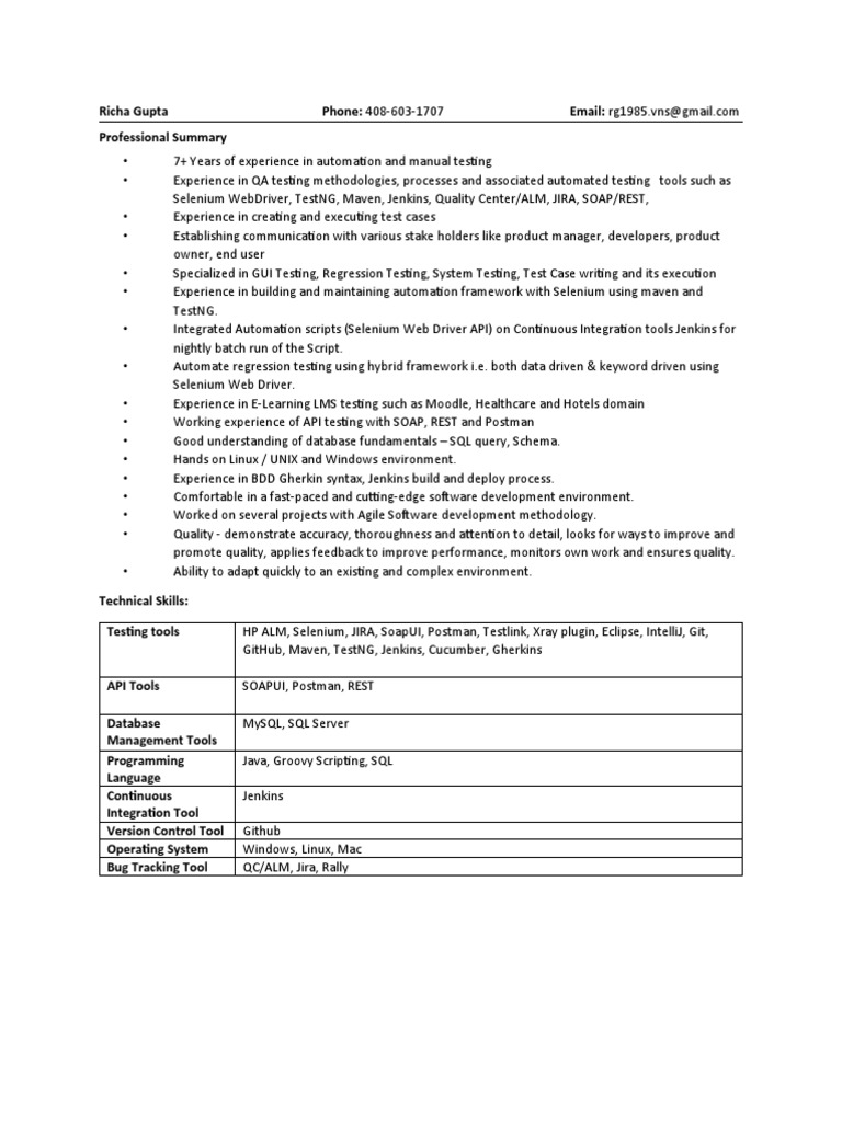 Richa Gupta Resume Pdf Software Testing Selenium Software