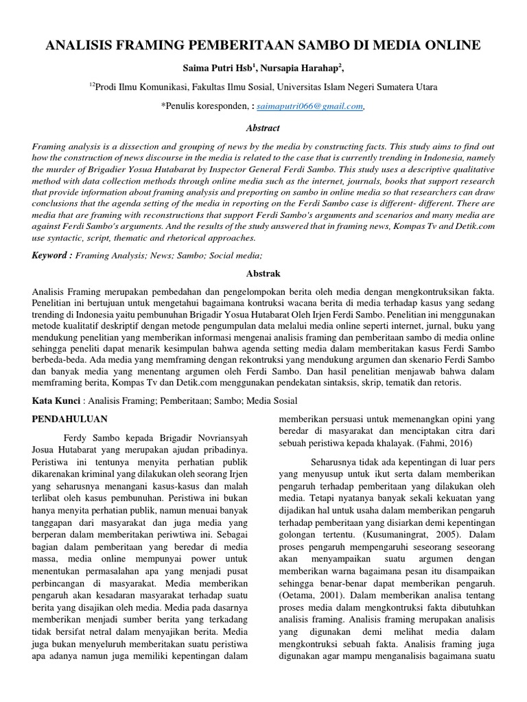 FIX ANALISIS FRAMING PEMBERITAAN SAMBO DI MEDIA ONLIN3 Salinan PDF | PDF