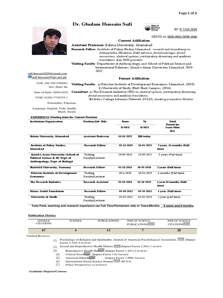Dr Ghulam Hussain, CV for MoRA | PDF | Pakistan | Sindh