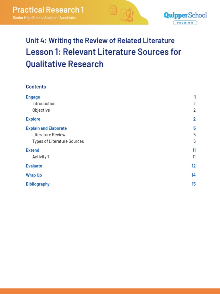 FINAL (SG) - PR1 11 - 12 - UNIT 4 - LESSON 1 - Relevant Literature Sources For Qualitative ...