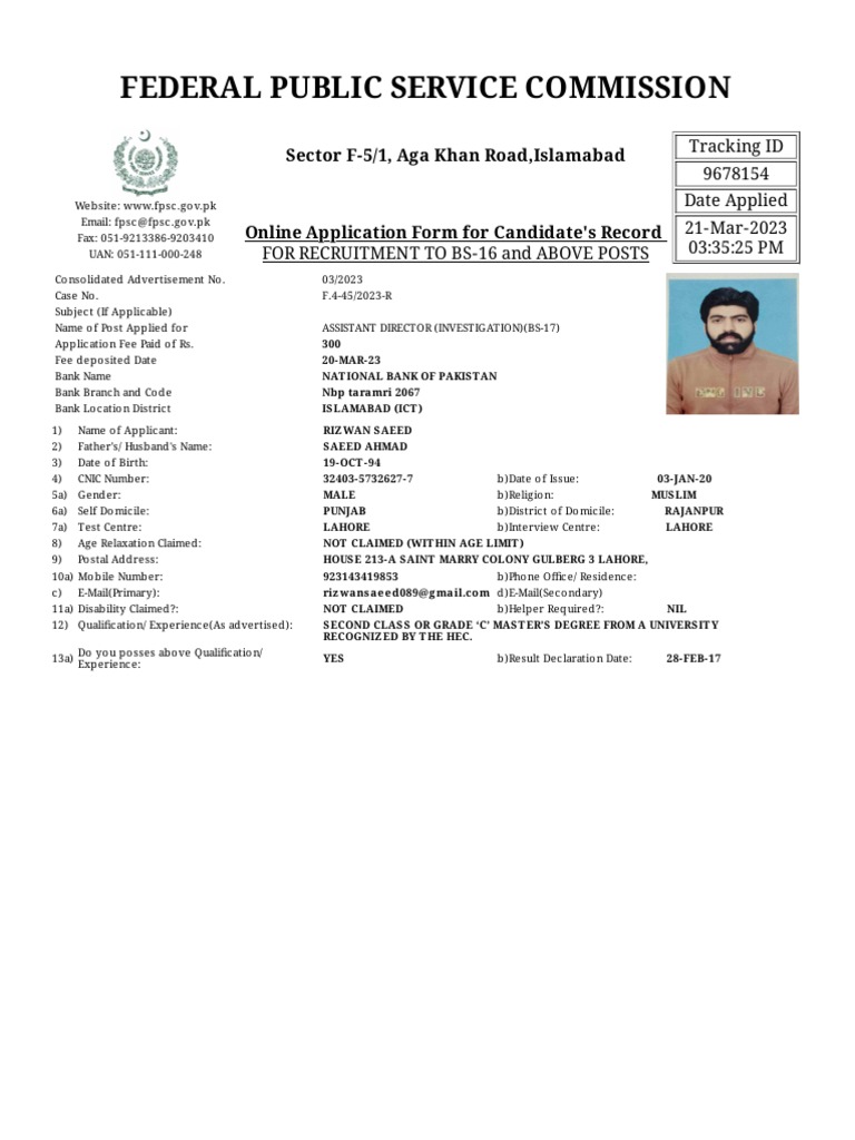 FPSC Assistant Director Application Form | PDF